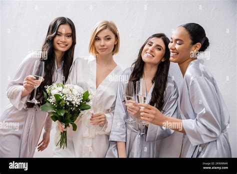 Bridal Shower Happy Multicultural Girlfriends Holding Glasses With