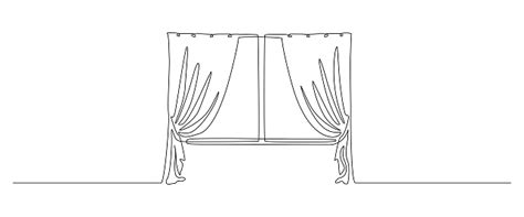 커튼이있는 창문의 연속 선 그리기 단순한 선형 스타일의 드레이프 천이 있는 거실 인터리오아의 개념 편집 가능한 획 낙서 윤곽선 벡터 일러스트 레이 션 0명에 대한 스톡 벡터