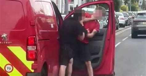 Shock Moment Postman Is Grabbed By Neck And Shoved Inside Van In Road