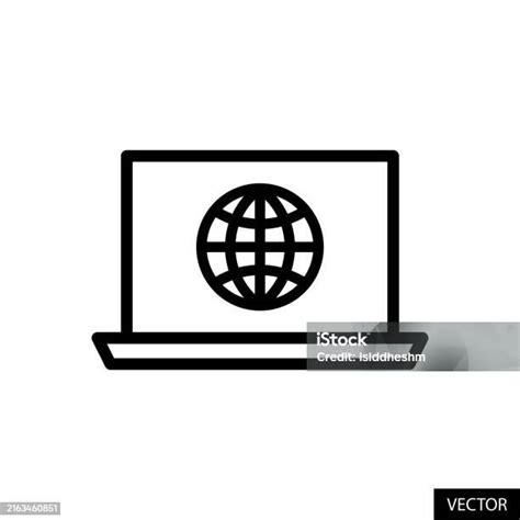 휴대용 퍼스널 컴퓨터와 지구 기호 찾아보기 인터넷 개념 벡터 아이콘 라인 스타일 디자인 절연 통하고 있는 통하고 있는 편집