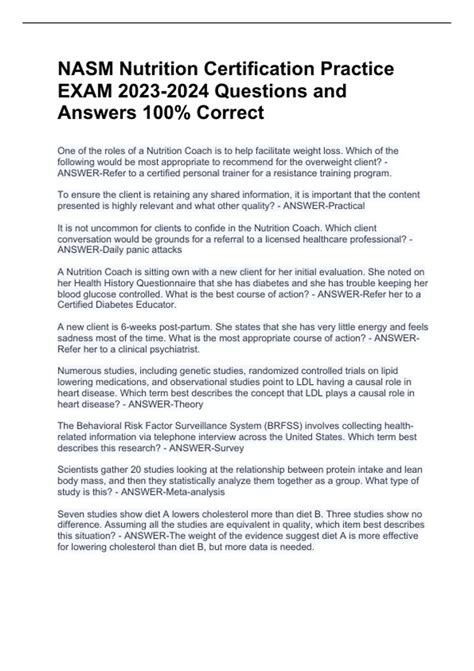 Nasm Nutrition Certification Practice Exam Questions And Answers 100