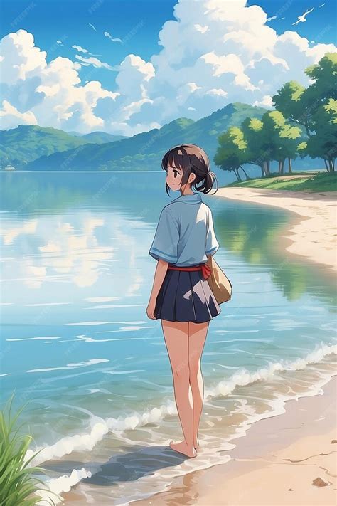 Anime Girl On The Beach Enjoying Landscape With Lake And Clouds
