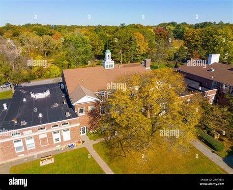Wayland Town Hall Aerial View In Fall With Fall Foliage At 41