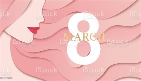 해피 우먼스 데이 배경 여성 얼굴 프로필과 인사말 텍스트와 8 행진 디자인 템플릿 긴 분홍색 머리를 가진 소녀 분홍에 대한 스톡