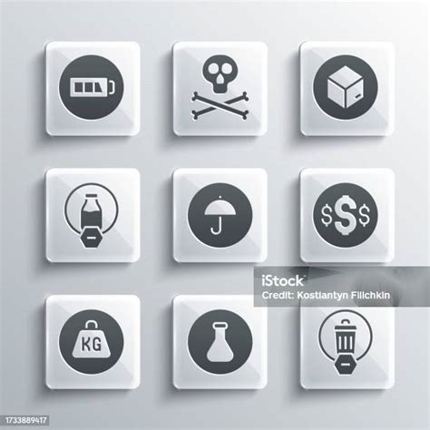 시험관과 플라스크 쓰레기통 달러 기호 우산이 있는 배달 패키지 무게 유당이 없는 배터리 및 판지 상자 아이콘을 설정합니다 벡터