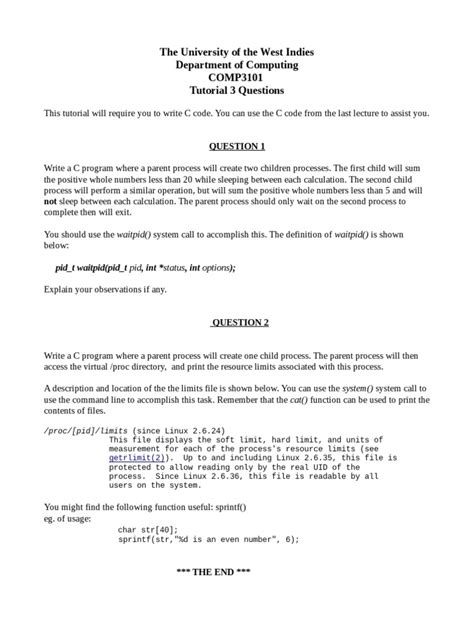The University Of The West Indies Department Of Computing Comp3101 Tutorial 3 Questions Pdf