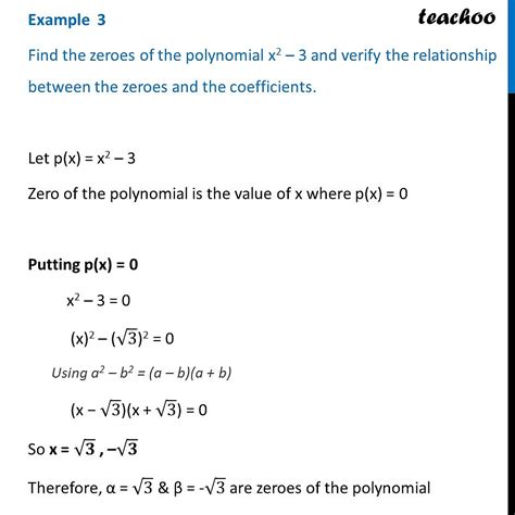 Example 3 Find Zeroes Of Polynomial X2 3 And Verify Relation Of