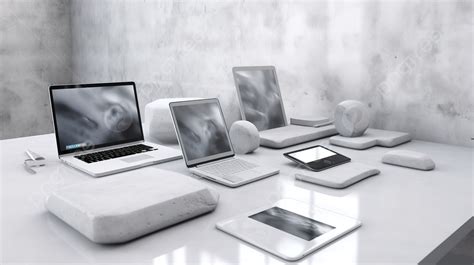 첨단 장치 컴퓨터 노트북 스마트 폰 및 태블릿 3d 일러스트와 함께 흰색 콘크리트 책상 배경 스마트 폰 핸드폰 휴대전화 배경 일러스트 및 사진 무료 다운로드 Pngtree