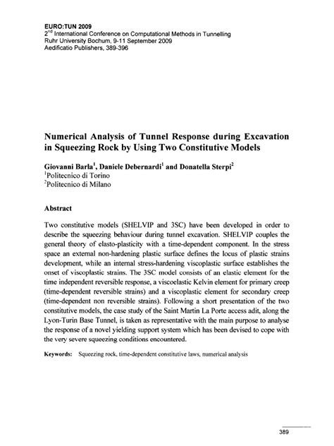Pdf Numerical Analysis Of Tunnel Response During Excavation In Squeezing Rock By Using Two