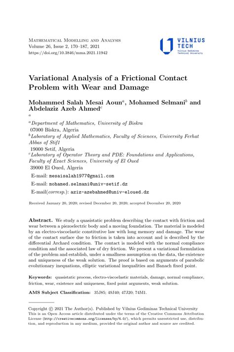 pdf variational analysis of a frictional contact problem with wear