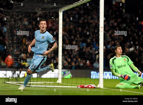 Manchester Citys Stevan Jovetic Celebrates Scoring His Sides Second