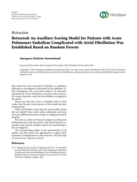 Pdf Retracted An Auxiliary Scoring Model For Patients With Acute Pulmonary Embolism
