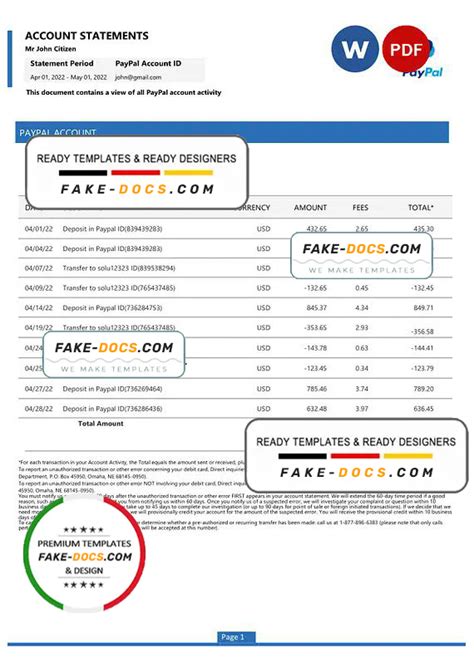 Usa Paypal Account Statement Word And Pdf Template Fake Docs Shop