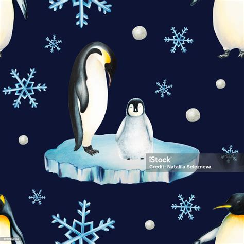고립된 떠다니는 얼음 위에 킹 펭귄 가족이 있는 수채화 이음매 없는 패턴 현실적인 북극과 남극 해양 포유류를 손으로 그립니다 디자이너 장식 엽서 포장지 스크랩북 표지 로고