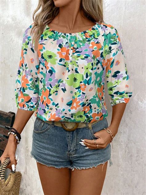 Womens Round Neck Mini Floral 34 Sleeve Blouse Random Print In 2025