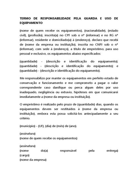 Termo De Responsabilidade Pela Guarda E Uso De Equipamento Pdf