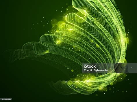 바람에 혼합 된 점 투명 명주 그물 직물의 어두운 파도 위에 흐르는 마법 에너지 입자 곡선 점선 3d 선 벡터 효과 그림입니다