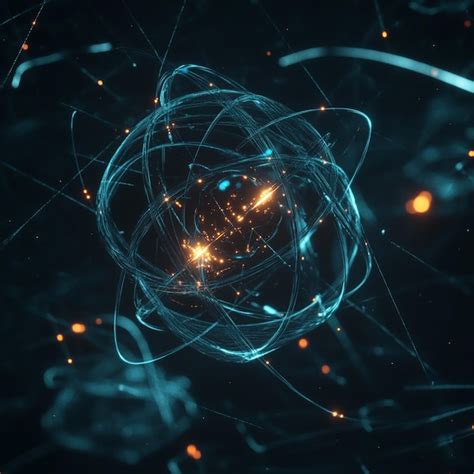 Abstract Atom With Glowing Blue Energy Lines And Orange Particles In Dark Space Premium Ai