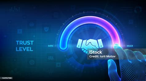 신뢰 수준 노브 버튼 신뢰 수준 향상 와이어프레임 핸드가 핸드셰이크 아이콘이 있는 최대 위치 원 진행률 표시줄까지 당겨집니다 높은 신뢰 수준 벡터 그림입니다 개선에 대한