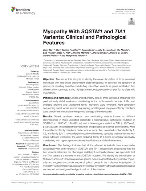 Pdf Myopathy With Sqstm1 And Tia1 Variants Clinical And Pathological