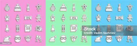 세트 라인 샴페인 눈송이 스피치 버블 홀리데이 진저 브레드 남자 쿠키 샴페인 병 크리스마스 공 메리 울리는 벨 사탕 아이콘 벡터 개인 장식품에 대한 스톡 벡터 아트 및 기타