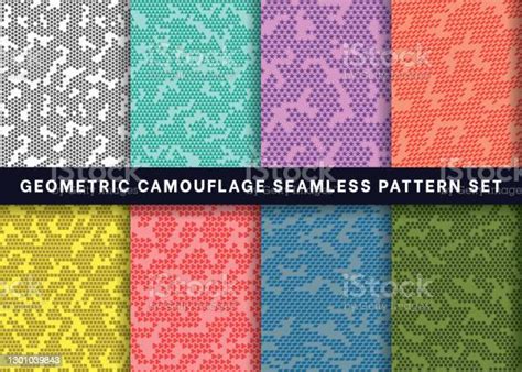 기하학적 모양을 사용한 원활한 위장 패턴 컬렉션 패브릭 및 섬유 인쇄용 위장 추상 패턴 벡터 세트 저지 프린트 포장지 배경 및