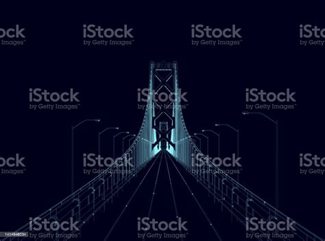 어두운 배경에 고립 된 파란색 선으로 만든 등불이있는 다리의 윤곽선 정면보기 벡터 일러스트레이션 교량에 대한 스톡 벡터 아트 및 기타 이미지 Istock