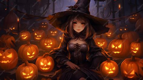 Premium Ai Image Halloween Anime Girl With Pumpkins