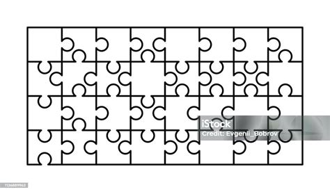 32 흰색 퍼즐 조각 사각형 모양으로 배열 지 그 소 퍼즐 템플릿 인쇄 준비 흰색에 대 한 절단 지침 0명에 대한 스톡 벡터