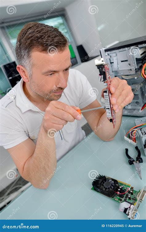 Man Repairing Computer Component Stock Image Image Of Reliability Replacment