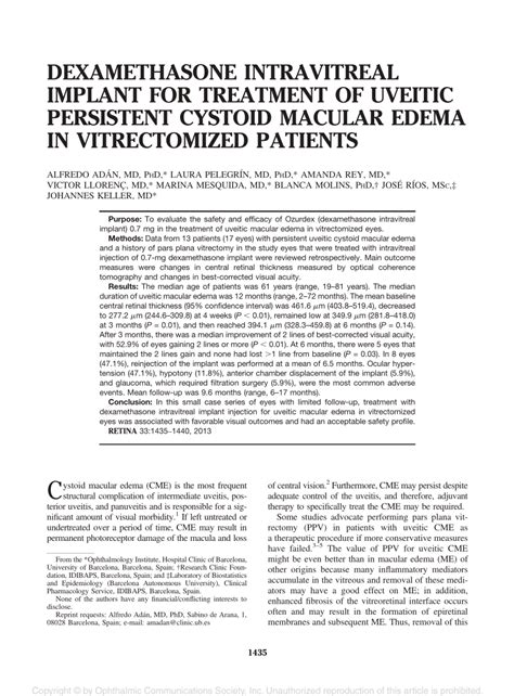 Pdf Dexamethasone Intravitreal Implant For Treatment Of Uveitic Persistent Cystoid Macular