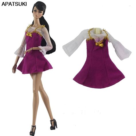 ชุดเดรสกระโปรงสั้น 1 6 แขนแขนยาว สีม่วง ขนาดเล็ก สำหรับตุ๊กตาบาร์บี้ ขนาด 11 5 นิ้ว Apatsuki1