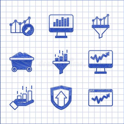 Set Sales Funnel With Chart Financial Growth Graph Infographic Monitor Coal Mine Trolley