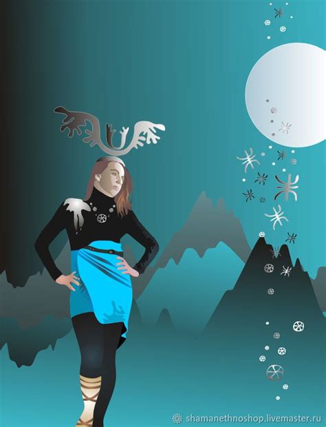 Молодая шаманка смотрит на горы и луну Векторная работа в интернет магазине на Ярмарке Мастеров