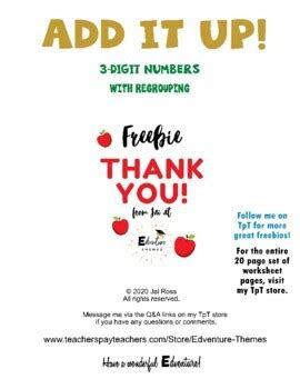 FREEBIE Add 3 Digit Numbers With Regrouping 3 Addends With Ans Key