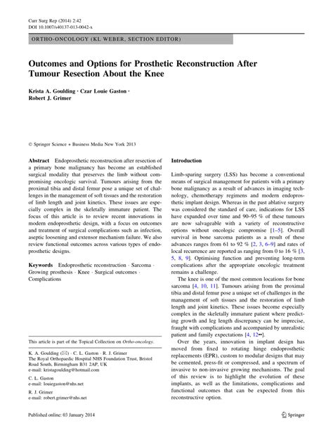 Pdf Outcomes And Options For Prosthetic Reconstruction After Tumour Resection About The Knee