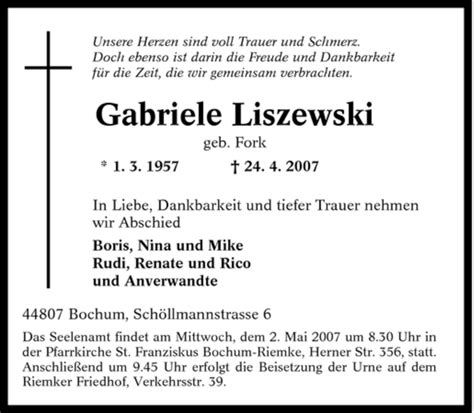 Traueranzeigen Von Gabriele Liszewski Trauer In Nrw De