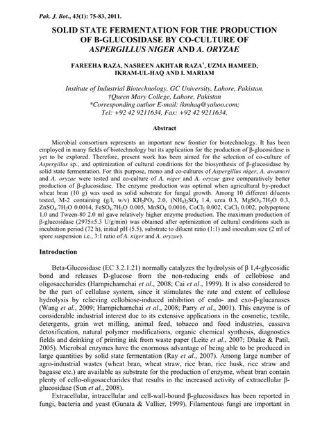 Pdf Solid State Fermentation For The Production Of B Glucosidase By Co Culture Of Aspergillus