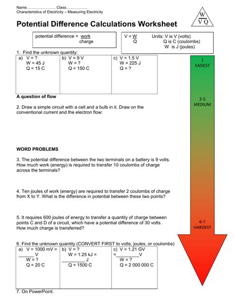 Potential Difference Calculations Worksheet Science