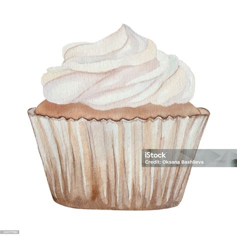 흰 크림의 수채화 그림이 있는 컵케이크입니다 맛있는 생과자 디저트의 손으로 그린 이미지는 흰색 고립 된 배경에 있습니다 메뉴 디자인 초대장 직물용 공휴일에 대한 스톡 벡터