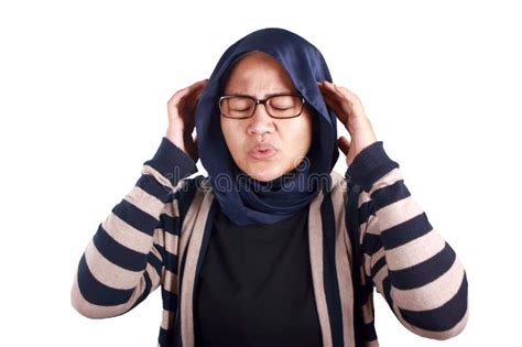 Frustrated Stress Asian Muslim Woman Hold Her Head Depressed Anxiety Gesture Headache Pain