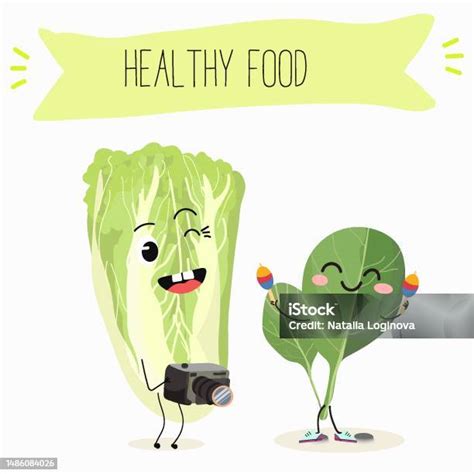 재미있는 캐릭터 배추 양상추 양배추 북경 시금치가 있는 삽화 재미 있고 건강한 음식 비타민 샐러드 귀여운 얼굴 음식 재료 채식주의자 벡터 만화 농업 가공의 인물에 대한 스톡