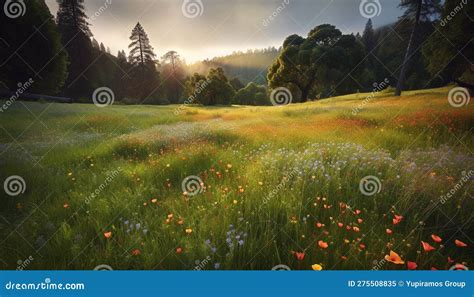 Tranquil Meadow Green Grass Yellow Flowers Bloom Generated By Ai