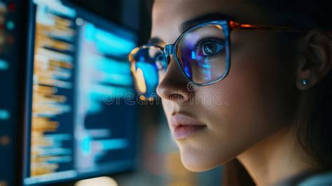 Close Up Of Woman With Glasses Focused On Programming Code On Computer Screen Stock Illustration