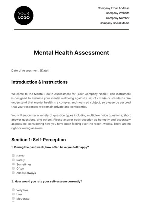 Free Mental Health Assessment Hr Template To Edit Online