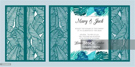 레이저 컷 웨딩 초대장 카드 템플릿 벡터입니다 바나나 잎의 열대 패턴다이 컷 종이 카드 레이저 절단 또는 다이 절단 템플릿을위한 컷 아웃 종이 게이트 접이식 카드 메뉴판에