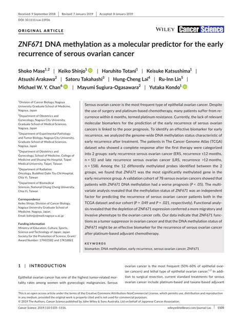 Pdf Znf671 Dna Methylation As A Molecular Predictor For The Early Recurrence Of Serous Ovarian