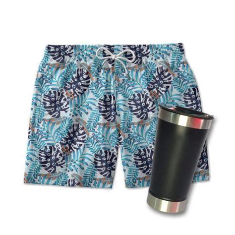 Kit Short Praia Florido Tactel Masculino Cordão Ajustavel Com Copo