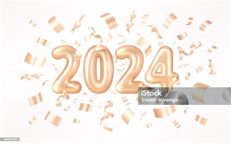 새해 복 많이 받으세요 2024 인사말 카드 흰색 배경에 분리된 황금색 색종이가 있는 풍선에서 금색 번호 2024 축제 장식