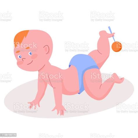 그의 다리에 딸랑이와 기저귀에 귀여운 재미있는 아기 플랫 스타일의 아기 소년 캐릭터를 격리 벡터 일러스트레이션 담요에 대한 스톡 벡터 아트 및 기타 이미지 Istock